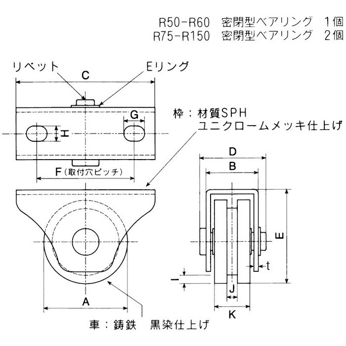R50K フジロイヤル重量戸車 K型 50mm 枠付 ヤボシ(FUJI)【アウンワークス通販】